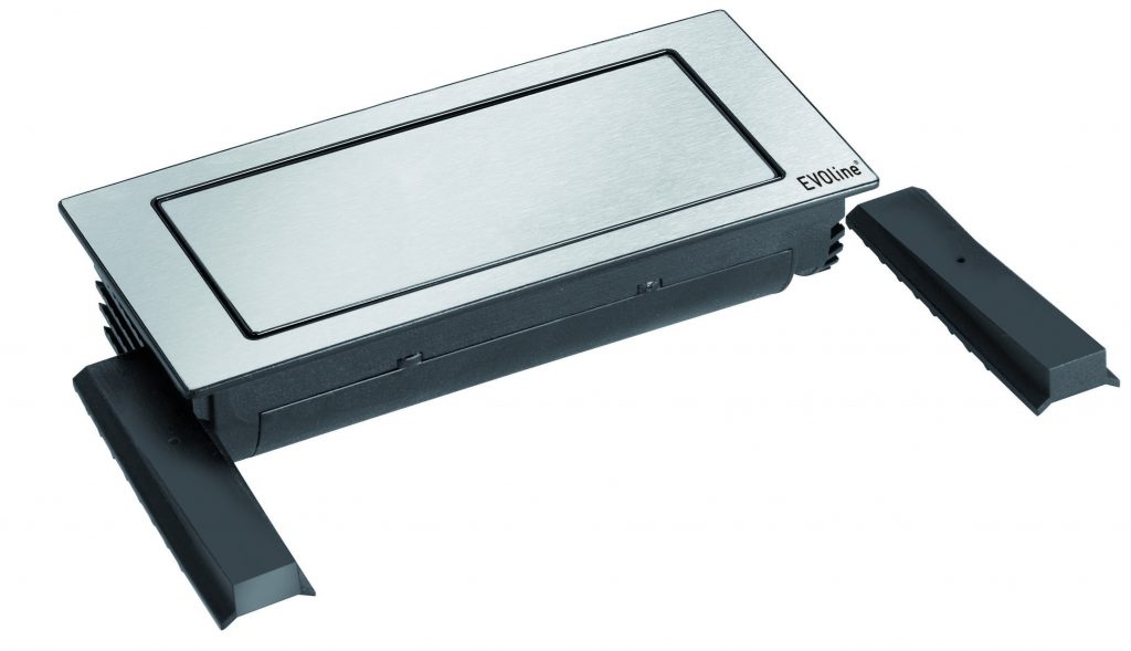 The EVOline BackFlip white flush on the worktop surface.